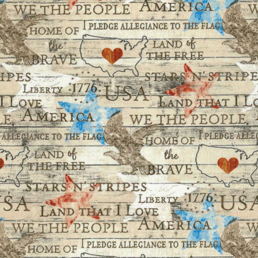 Patriotic Words Fabric, Americana Words and Icons on Wood Patriotic ...