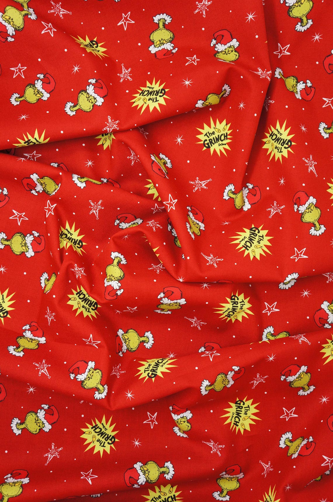 Grinch Fabric, Red Grinch Head Toss With Stars, How the Grinch Stole ...