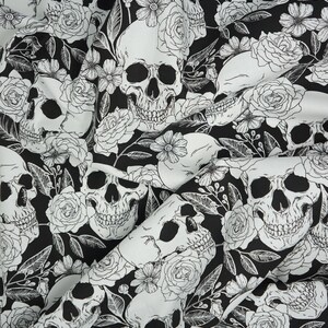 Skulls and Roses Fabric, Skulls and Roses in Black and White by Fabric ...