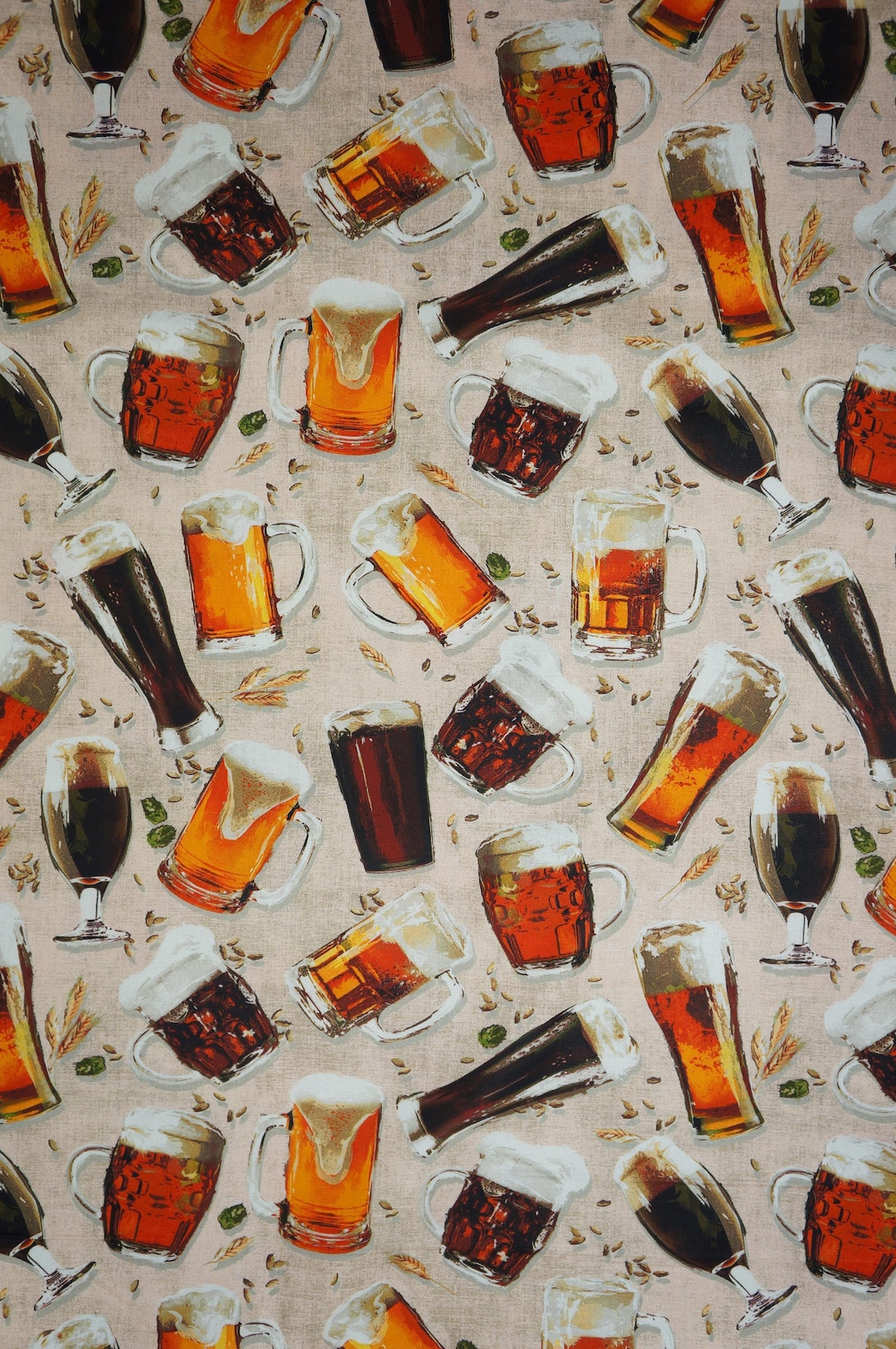 Craft Beer Fabric, Craft Beer Night on Tan Novelty Cotton Fabric, Pub ...