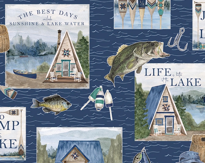 Lake House Fabric, Navy Main Wake by the Lake Quilting Cotton by Riley ...