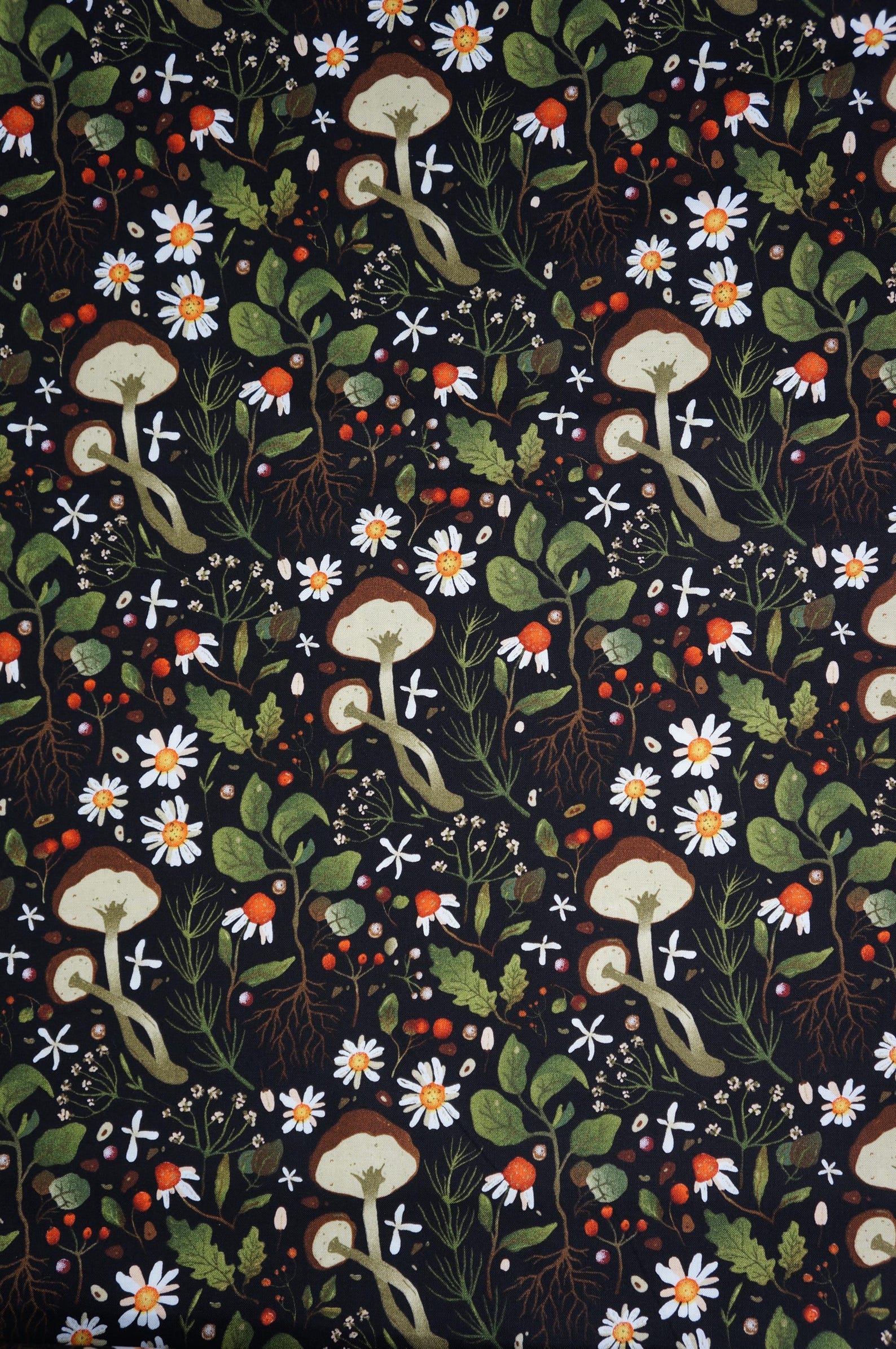Mushroom Floral Fabric, Woodland Mushrooms on Black by David Textiles ...