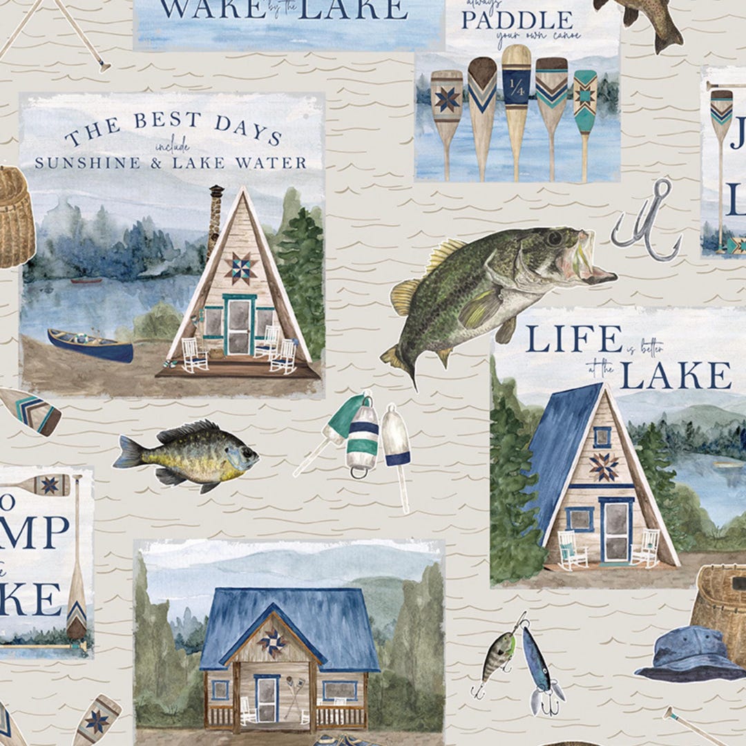 Lake House Fabric, Tan Main Wake by the Lake Quilting Cotton by Riley ...