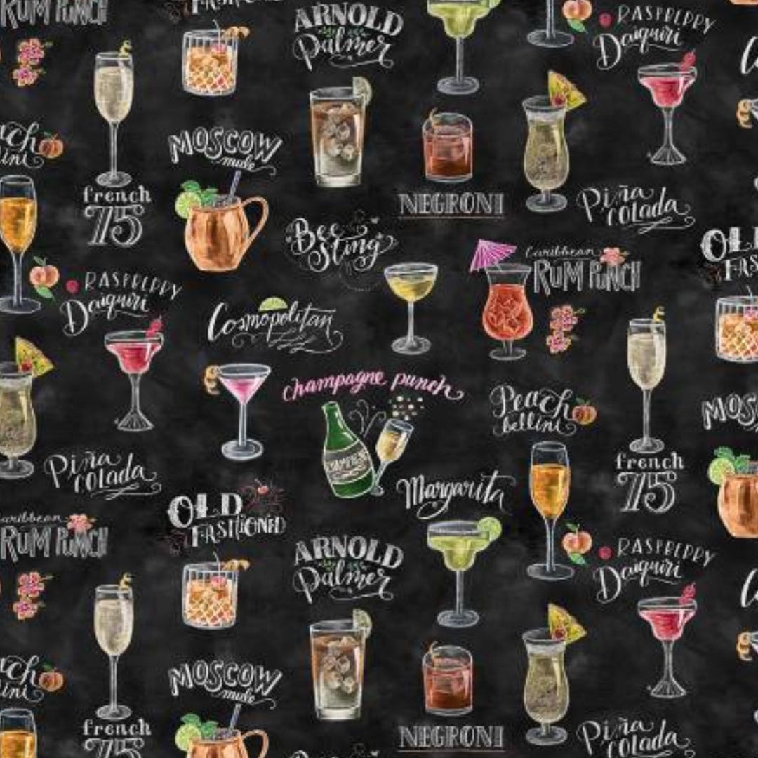 Craft Cocktail Fabric, Happy Hour Menu on Black Chalkboard by Michael ...
