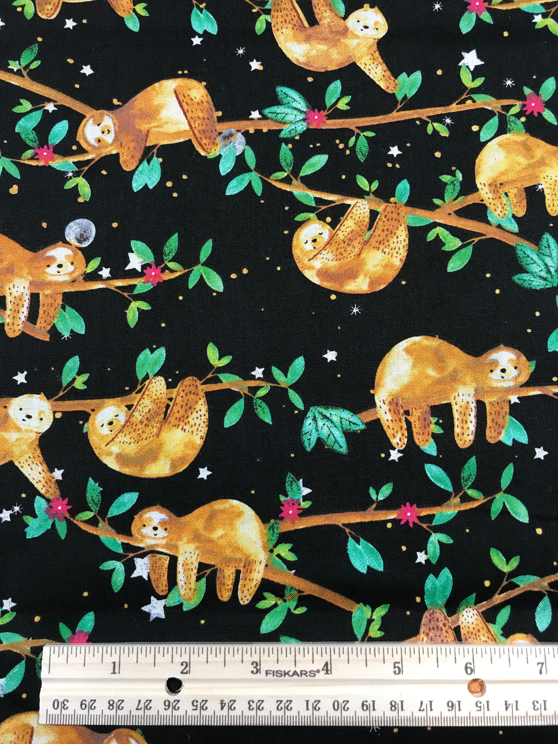 Sloths on Black Novelty Cotton Fabric Nursery Fabric