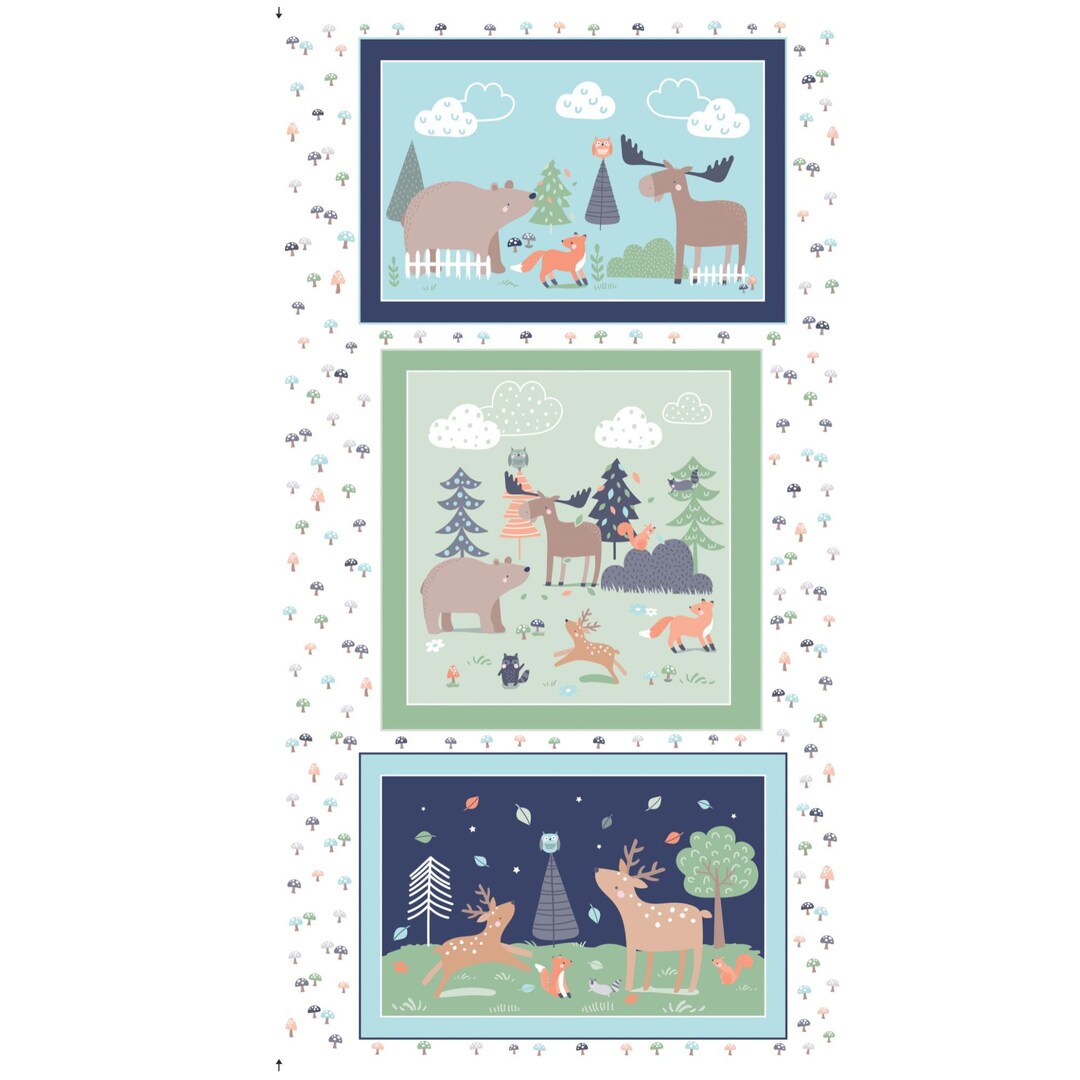 Woodland Animal Panel Flannel Fabric, Cozy Forest Panel on White 24"x43 ...