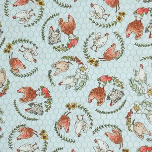 Chicken Fabric, Chickens on a Wire on Light Blue Cottontail Farm by Caverly Smith for 3 Wishes ...
