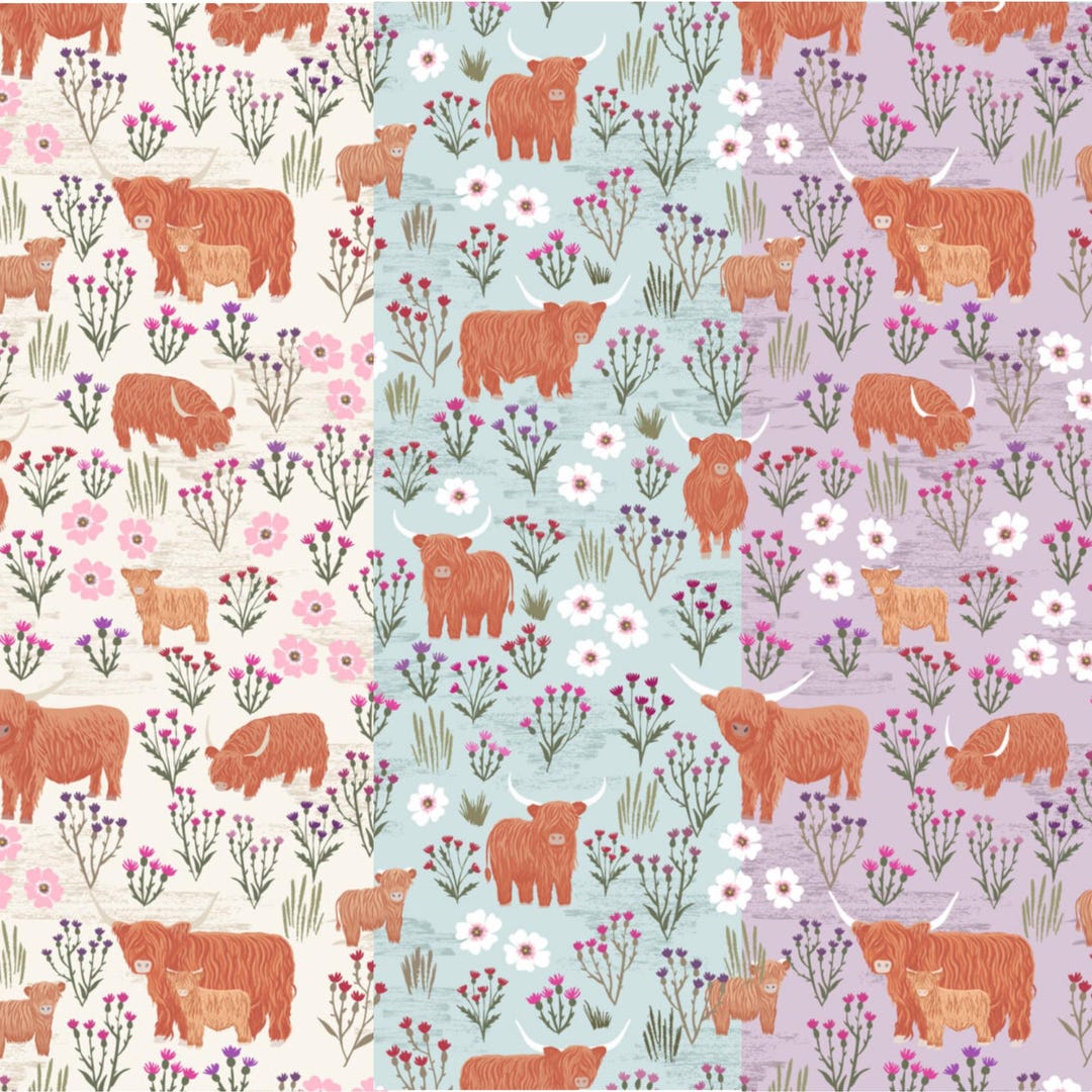 Highland Cow Fabric, Summer Meadow Highland on Cream, Blue or Purple A ...