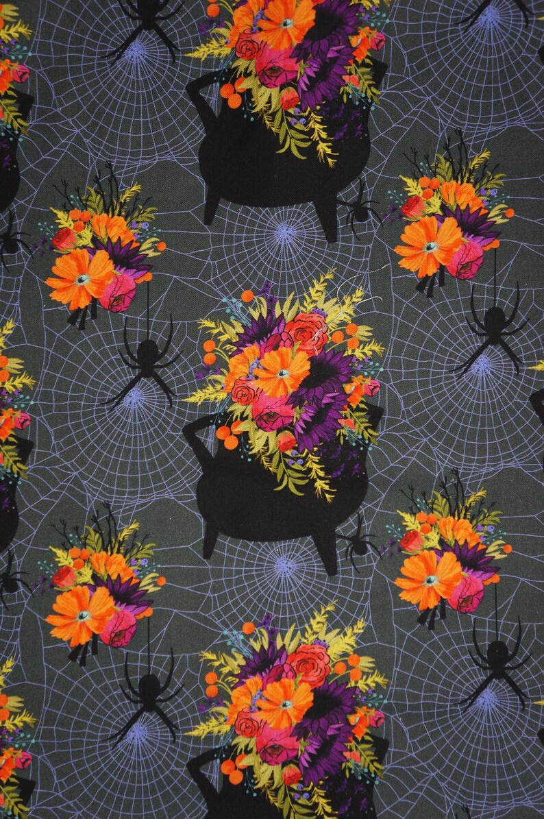 Witches Cauldron Fabric, Bootiful Floral Witches Brew on Gray by Pammie ...