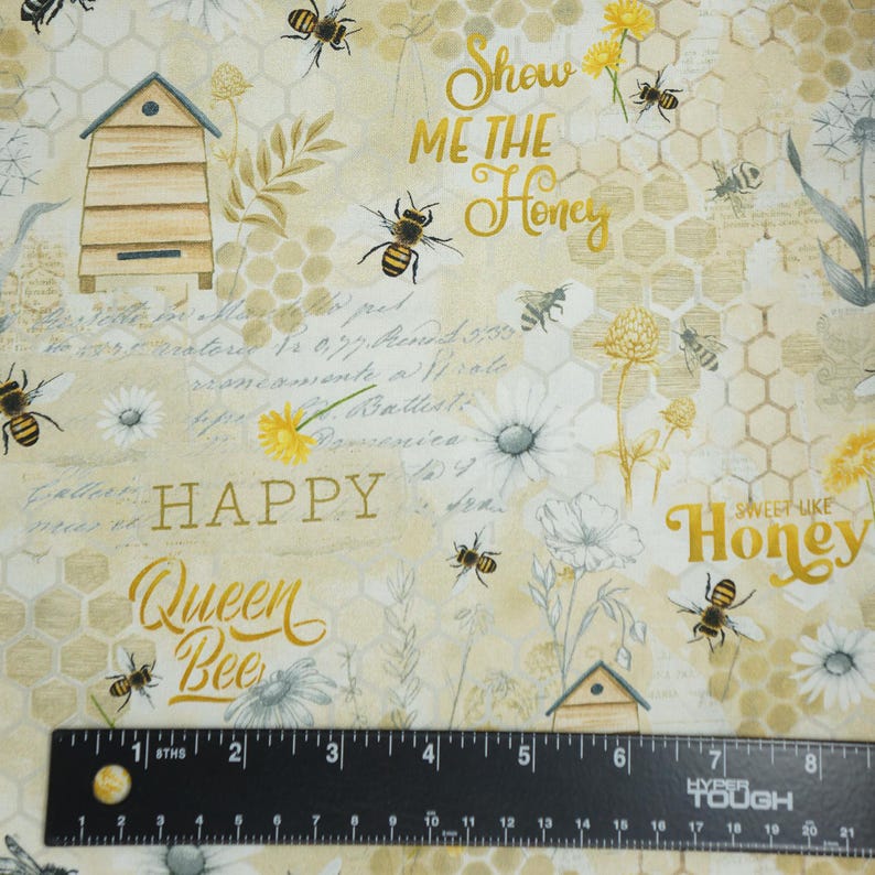 Honey Bee Fabric, Honey Bee Collage on Beige From the Bee and Bee Kind ...