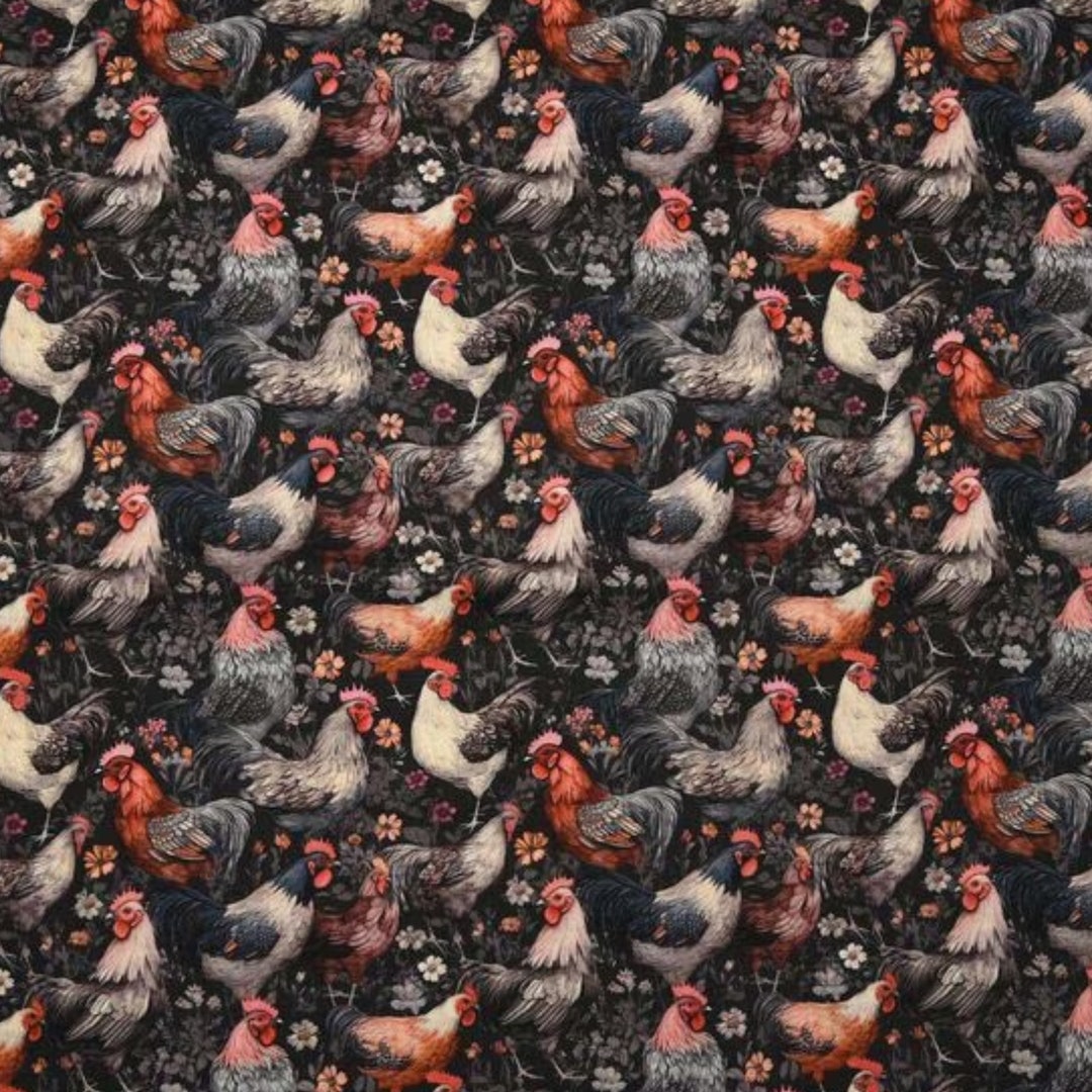Rooster Fabric, Roosters and Floral on Black Novelty Cotton Fabric ...