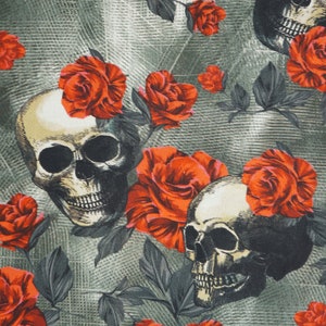 Skulls and Roses Fabric, Tossed Skulls and Red Roses Novelty Cotton ...