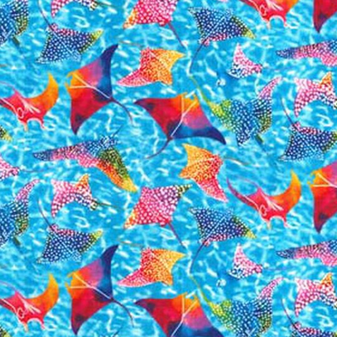 Stingray Fabric, Rainbow Stingrays on Blue Ocean by Fabric Traditions ...