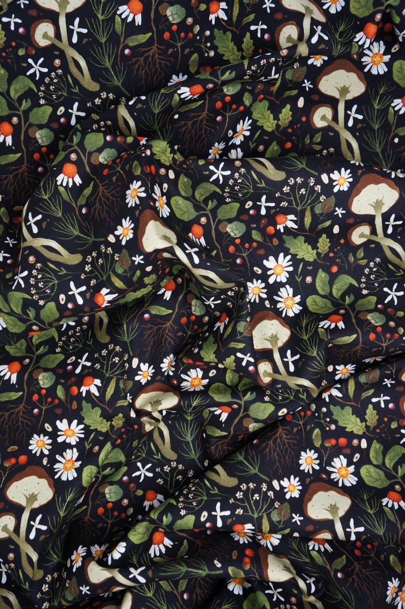 Mushroom Floral Fabric, Woodland Mushrooms on Black by David Textiles ...