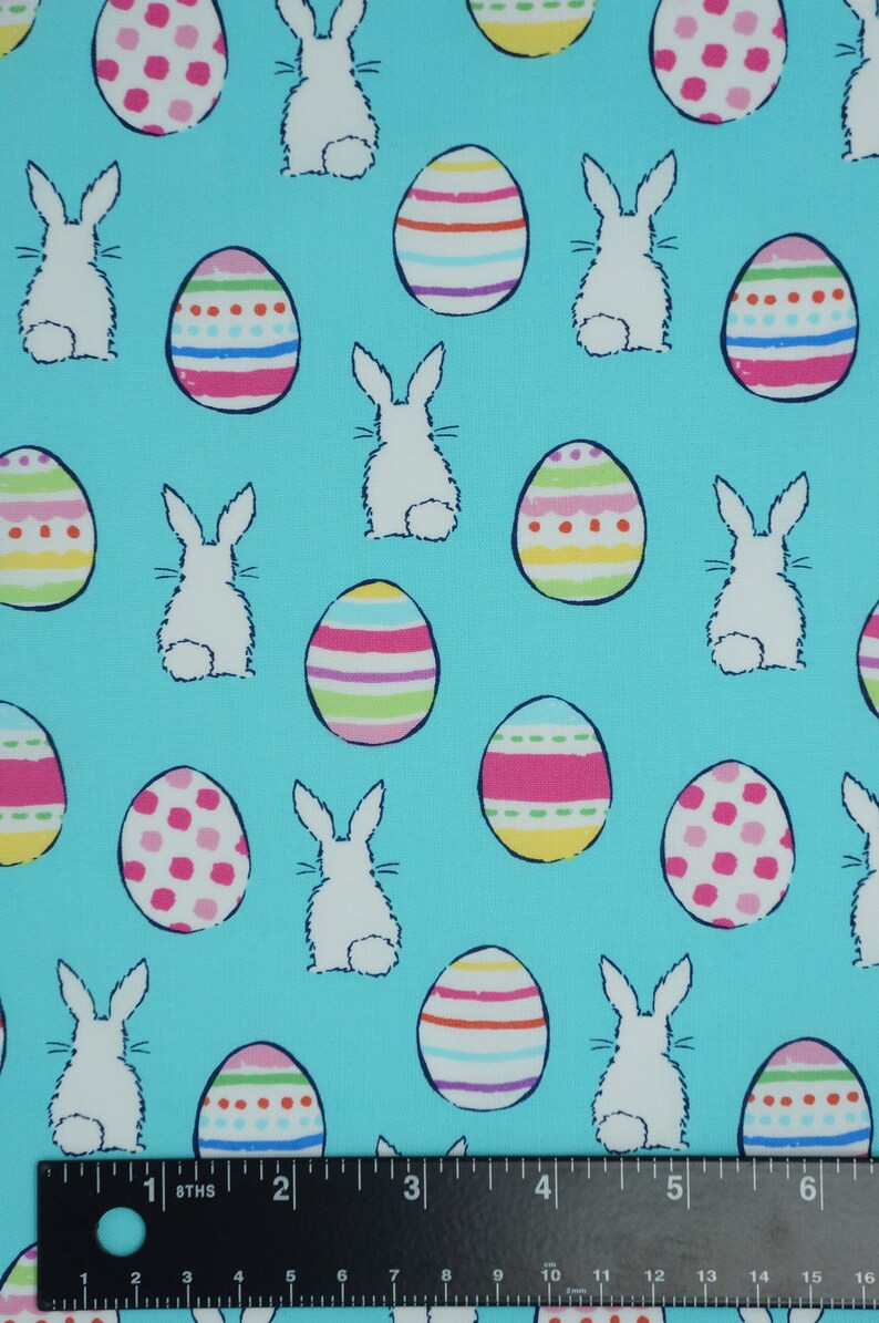 Easter Bunny Fabric Bunnies With Easter Eggs on Blue by - Etsy