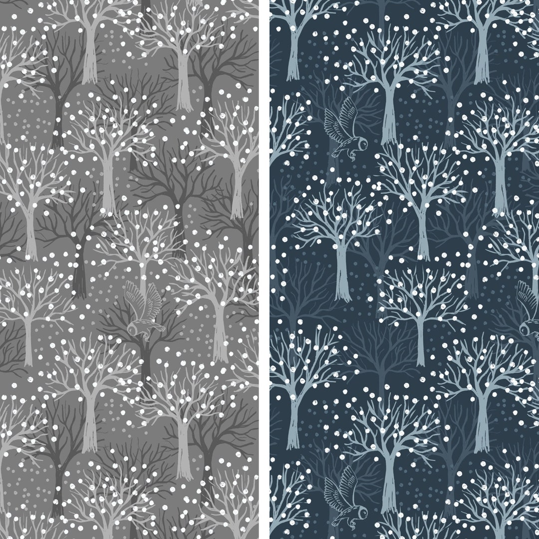 Winter Trees Fabric, Pearlized Owl Orchard on Gray or Dark Blue by ...