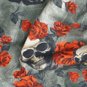 Skulls and Roses Fabric, Tossed Skulls and Red Roses Novelty Cotton ...