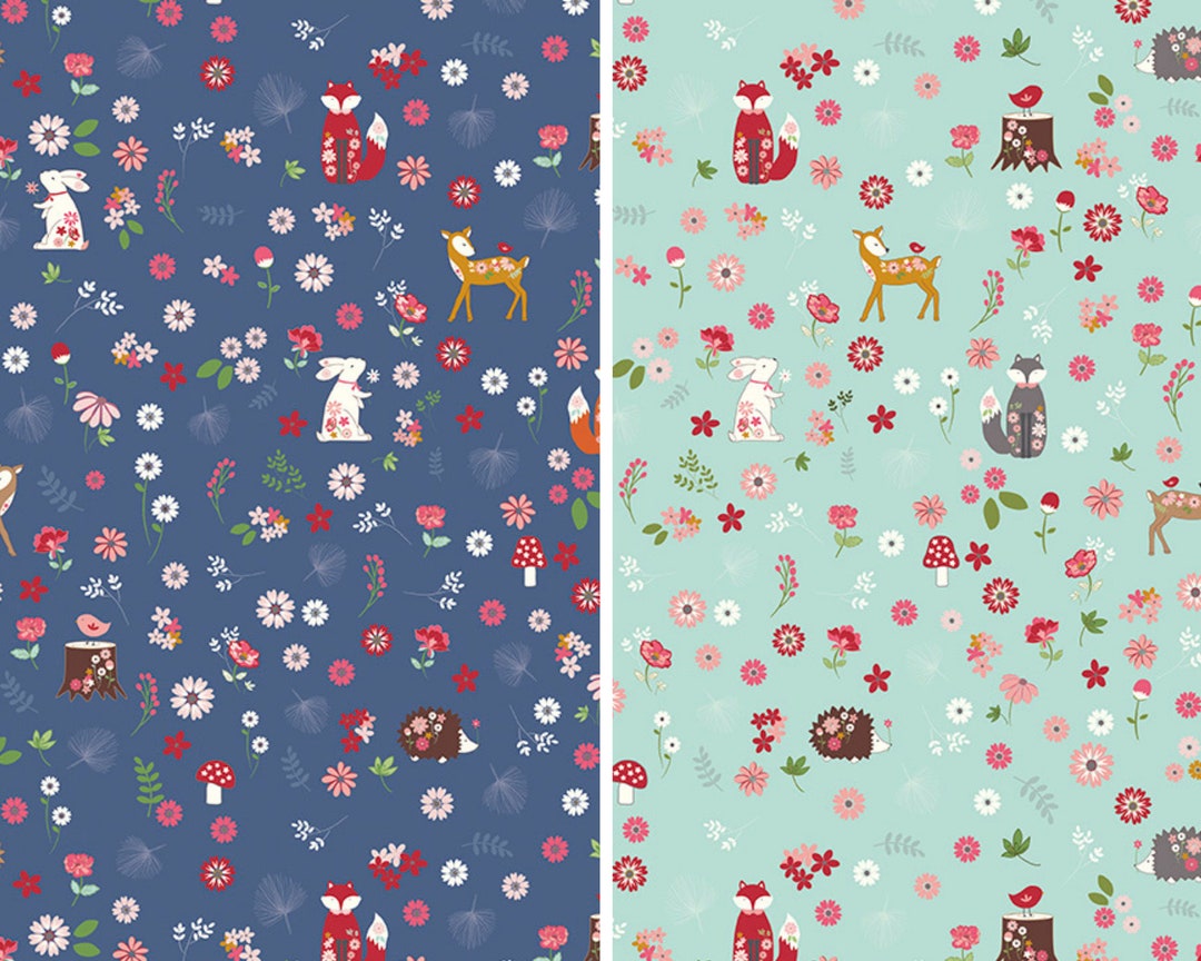 Woodland Animal Fabric, Enchanted Meadow Forest Friends on Denim Blue ...