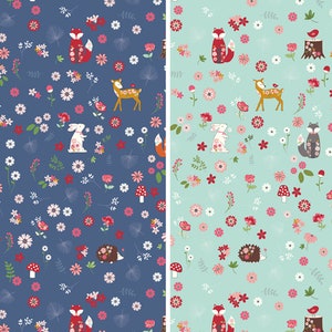 Woodland Animal Fabric, Enchanted Meadow Forest Friends on Denim Blue ...