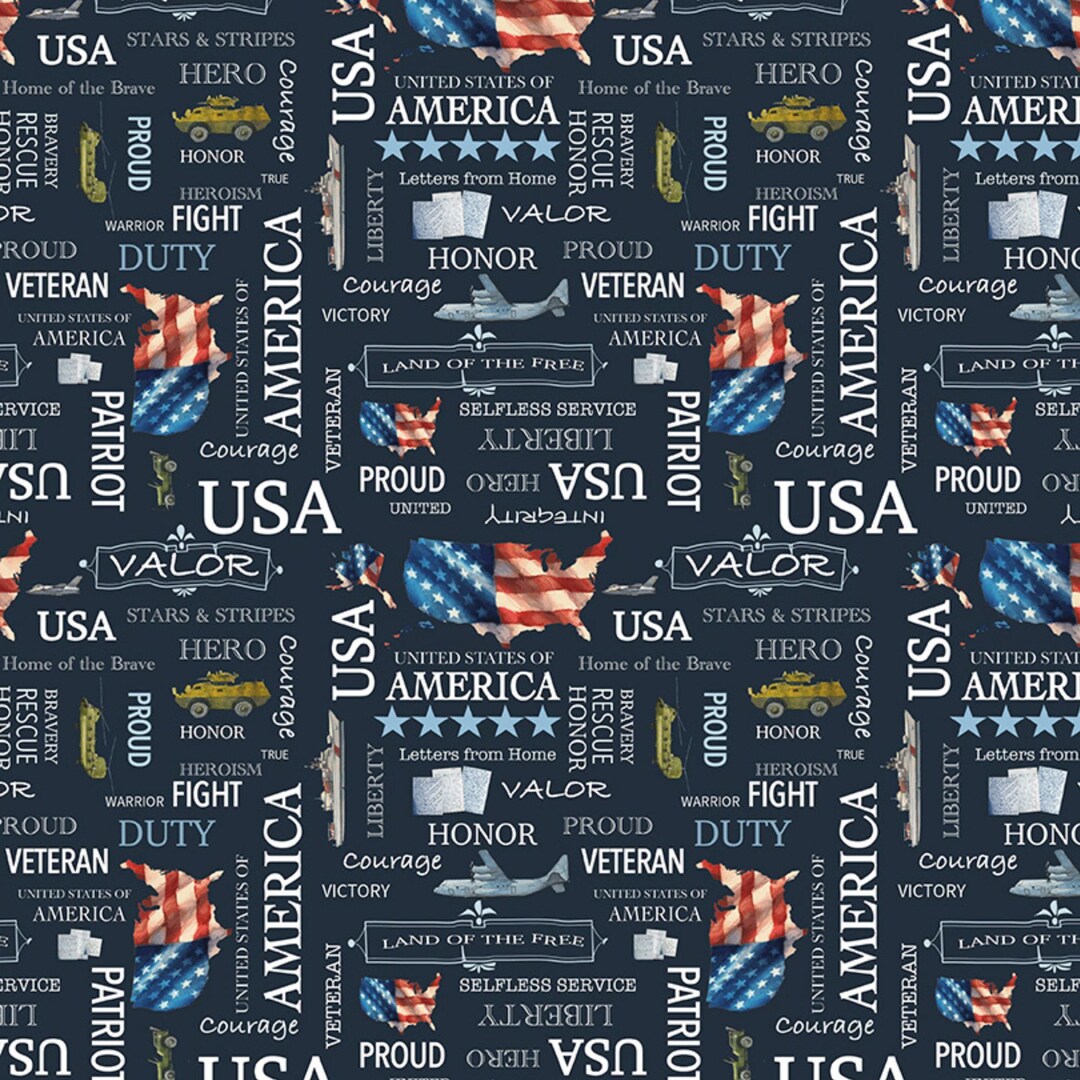 Patriotic Words Fabric, Letters From Home Text on Navy by Riley Blake ...