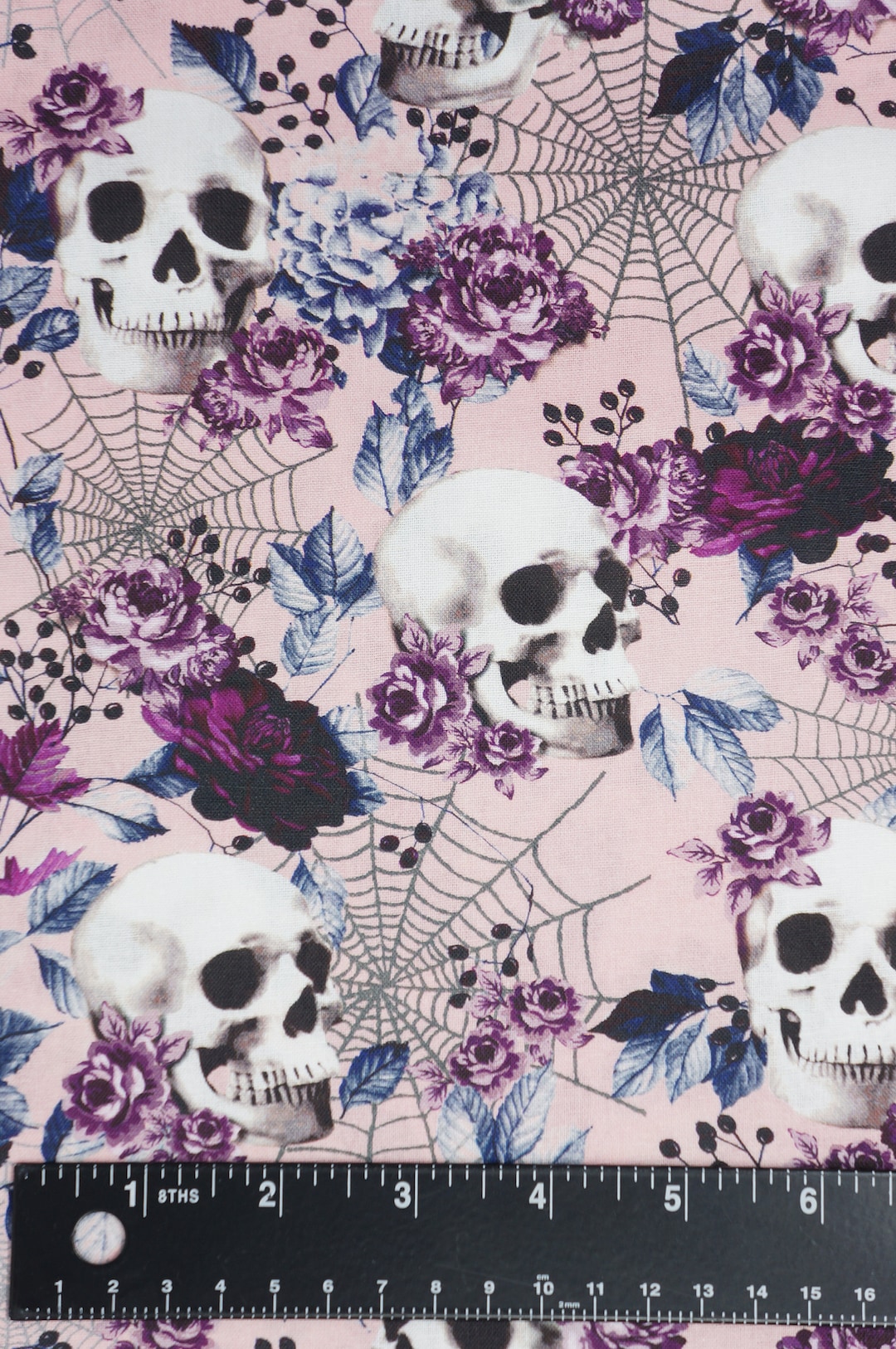 Skulls Fabric, Skulls and Fall Floral on Pink Halloween Novelty Cotton ...