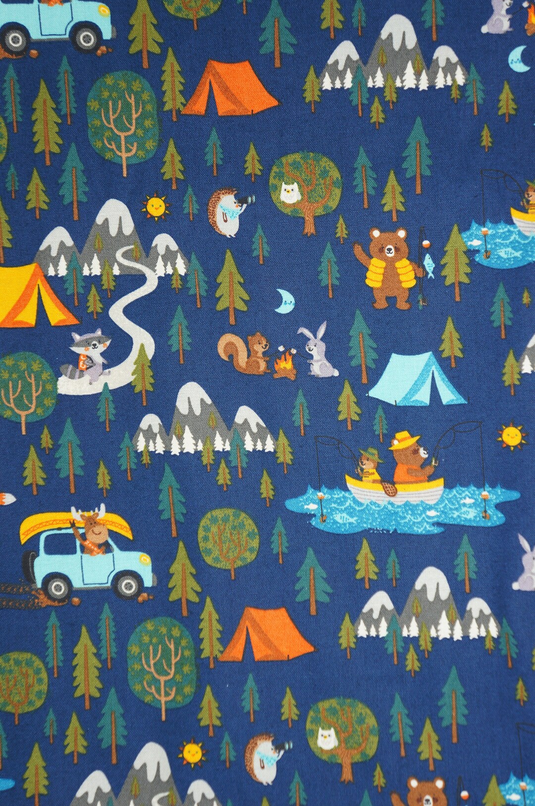 Woodland Animals Fabric, Camping Animals on Blue Novelty Cotton Fabric ...