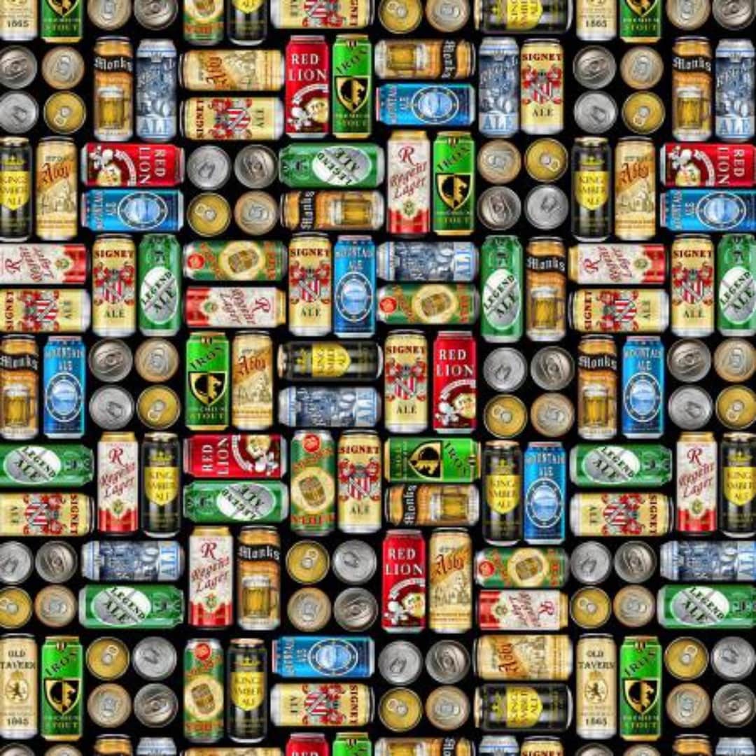 Beer Fabric, Beer Cans on Black Ale House by Benartex Quilting Cotton ...
