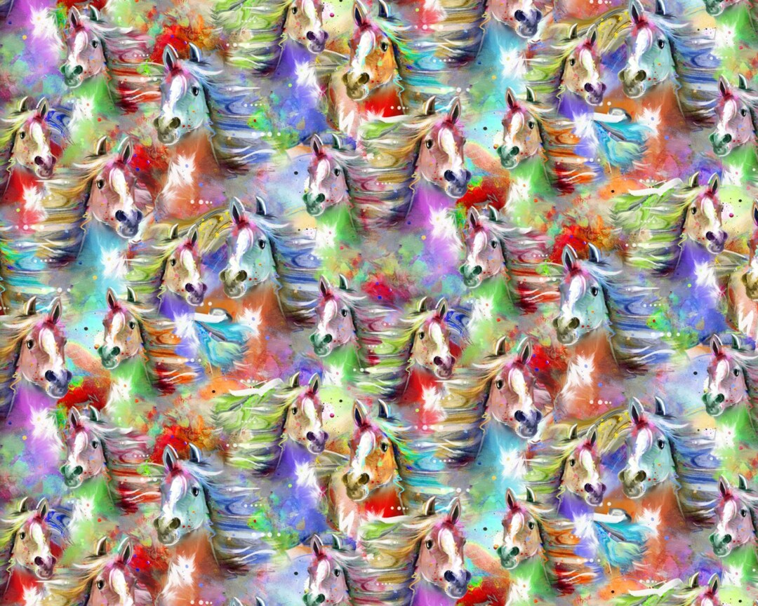 Rainbow Horses Fabric, Horse Stampede Whimsical West by Connie Haley ...