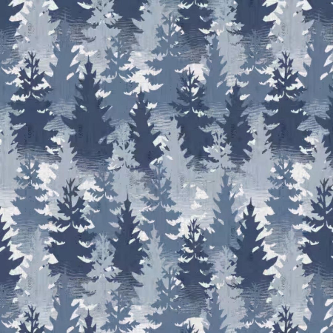 Forest Tree Fabric, Packed Navy and Blue Trees on White Lake Retreat ...