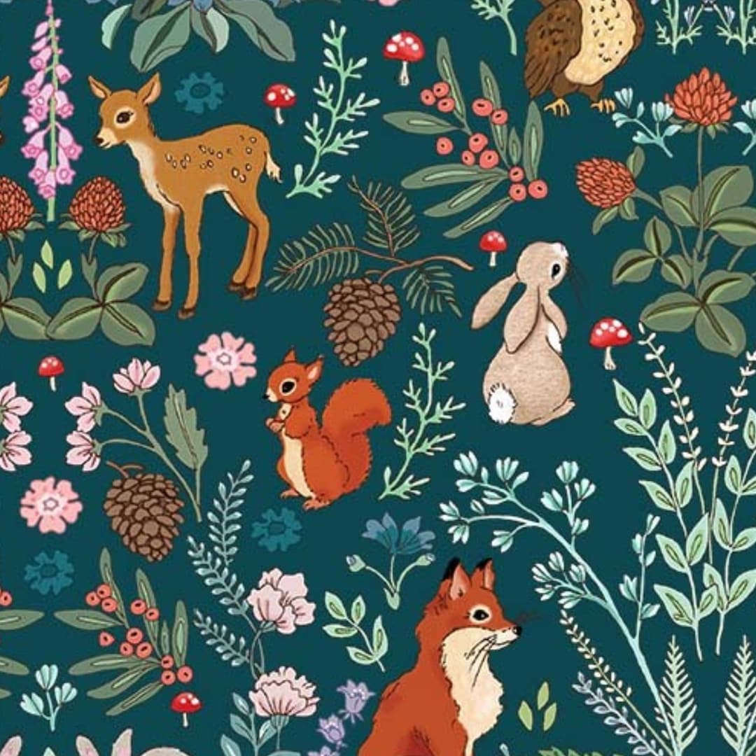 Woodland Animal Fabric, Forest Adventure in Spruce Green Midnight ...