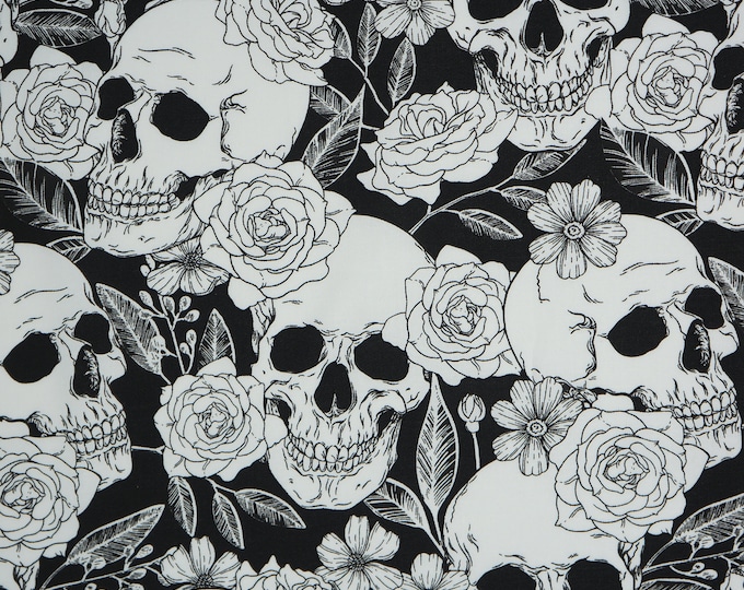 Skulls and Roses Fabric, Skulls and Roses in Black and White by Fabric ...