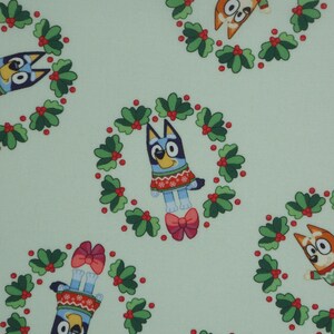 Bluey Christmas Fabric, Bluey and Bingo Wreaths on Light Green Licensed ...