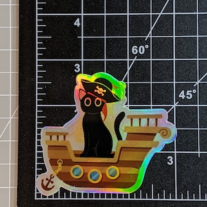 Pirate Ship Cat Holographic Sticker | Cute Black Cat on a Pirate Ship ...