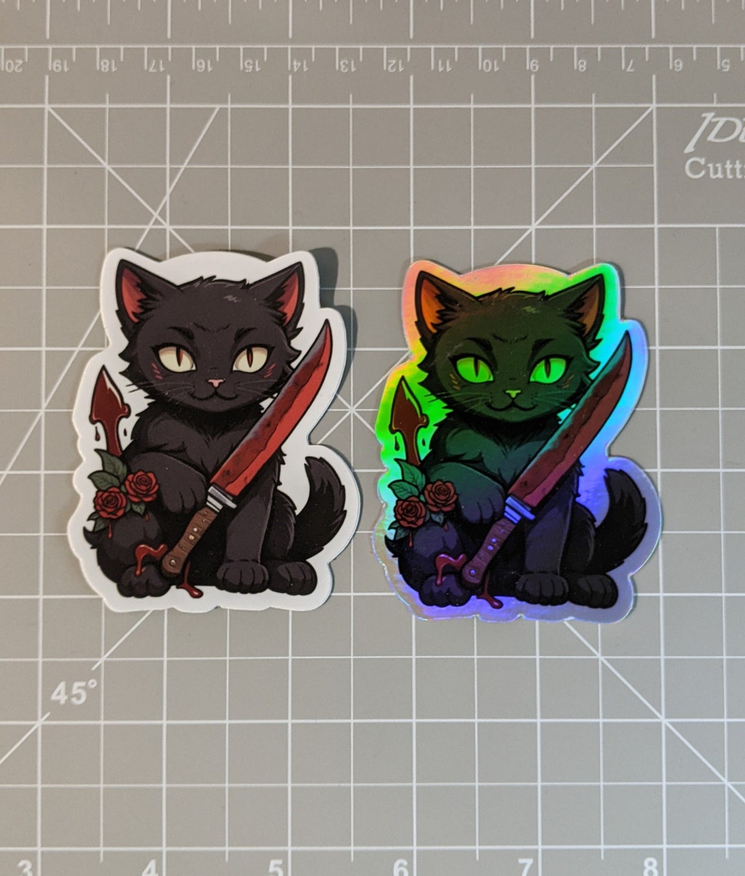 Black Devil Cat Holding Knife Die Cut Sticker | Holographic | Cute ...