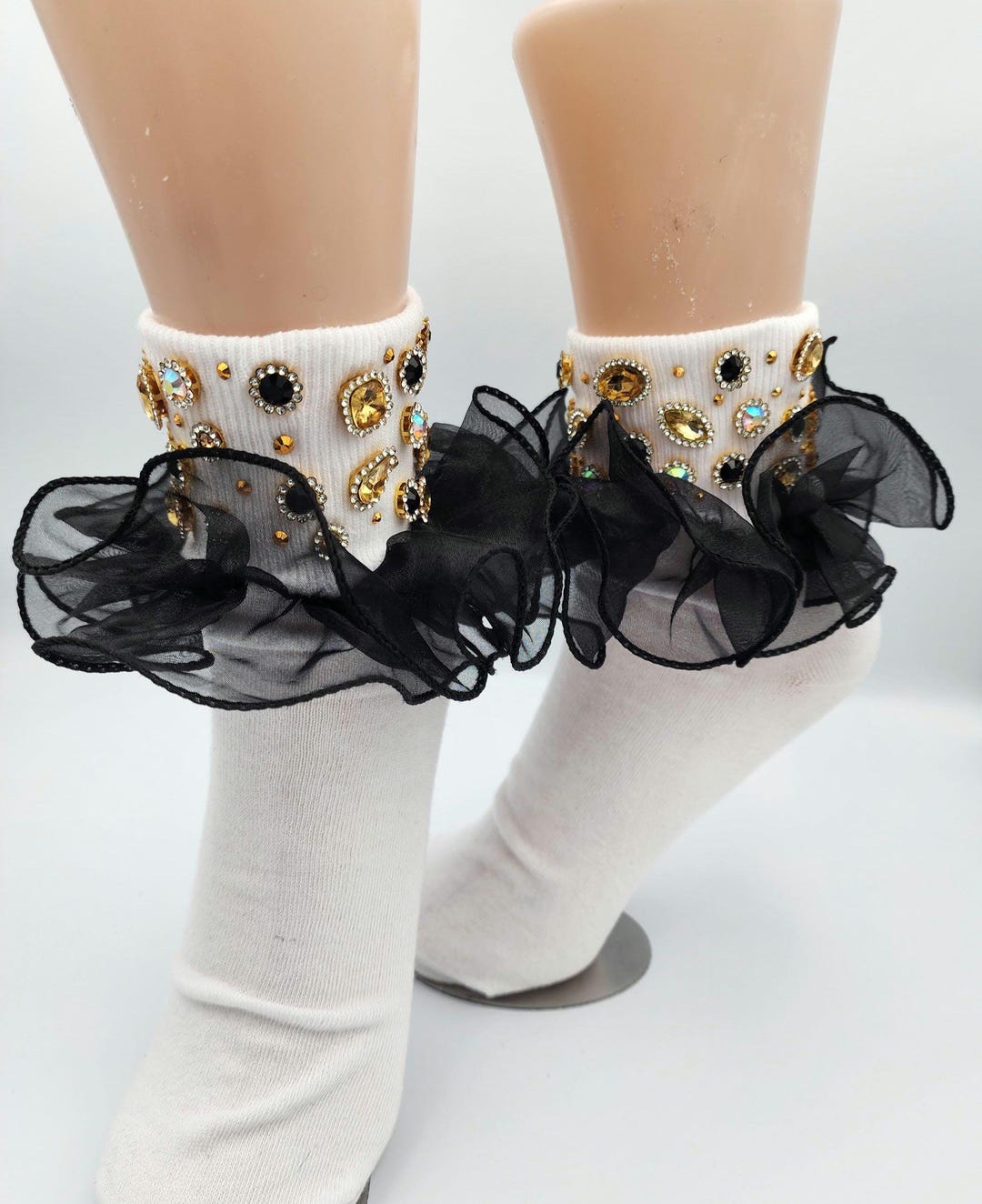 Black & White Ruffle Rhinestone Socks - Etsy