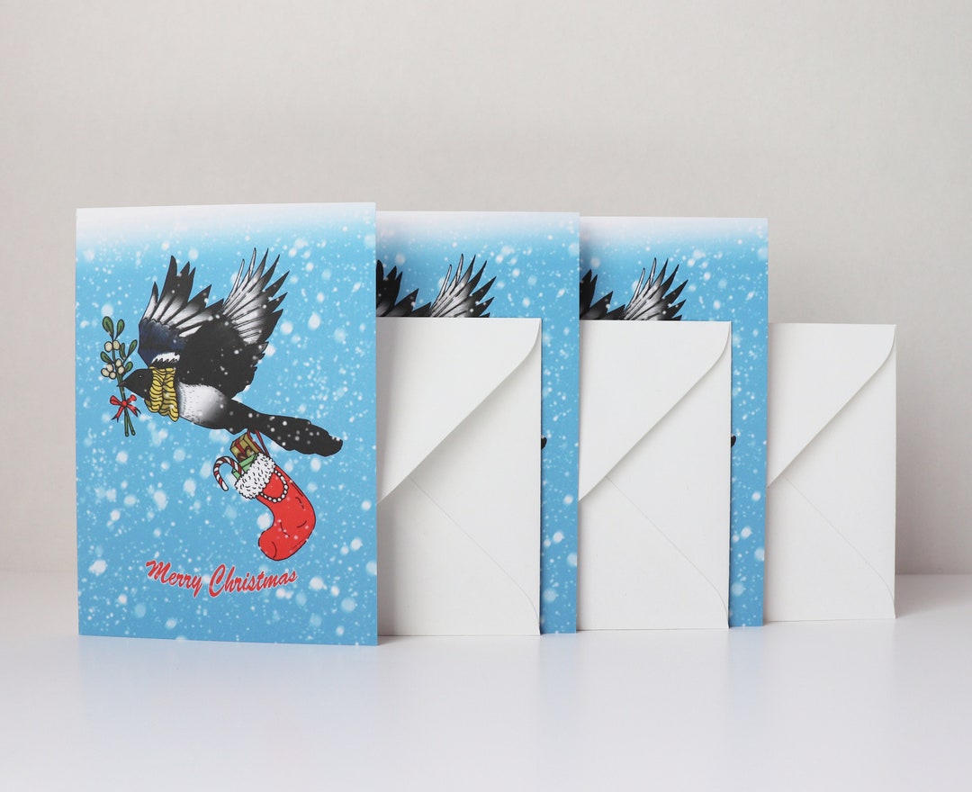 Magpie Christmas Card, Flying Home in Snow With Mistletoe and Stocking ...