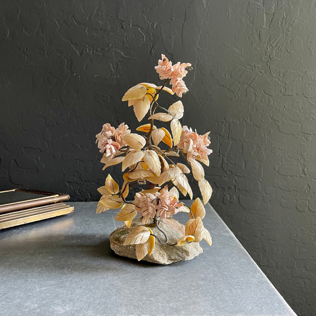 Vintage Pink Shell Wire Bonsai Tree on Stone Base, With Carved Mother ...