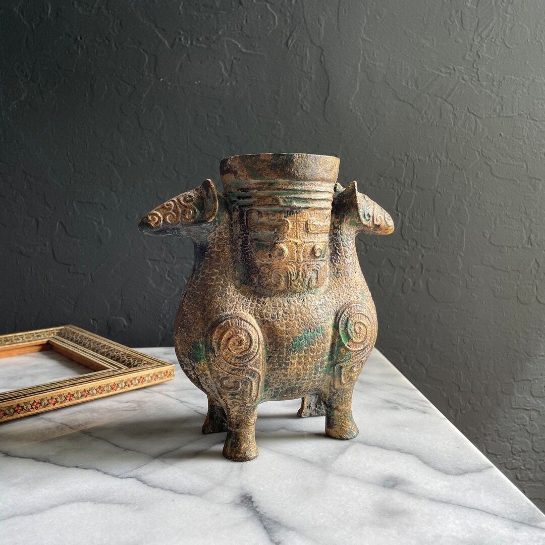 Vintage Cast Iron Double-ram Chinese Zun Ritual Vessel - Etsy