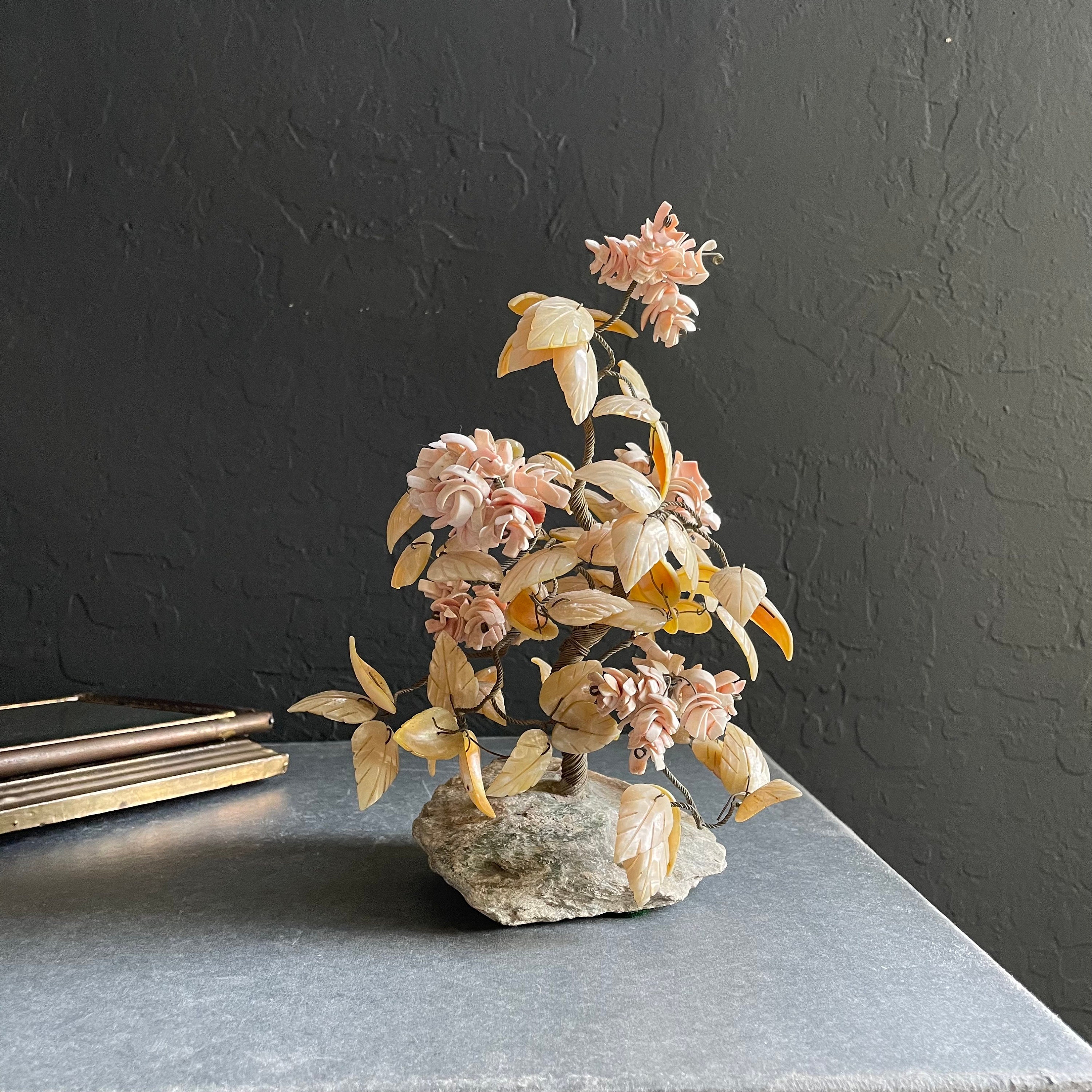 Vintage Pink Shell Wire Bonsai Tree on Stone Base, With Carved Mother ...