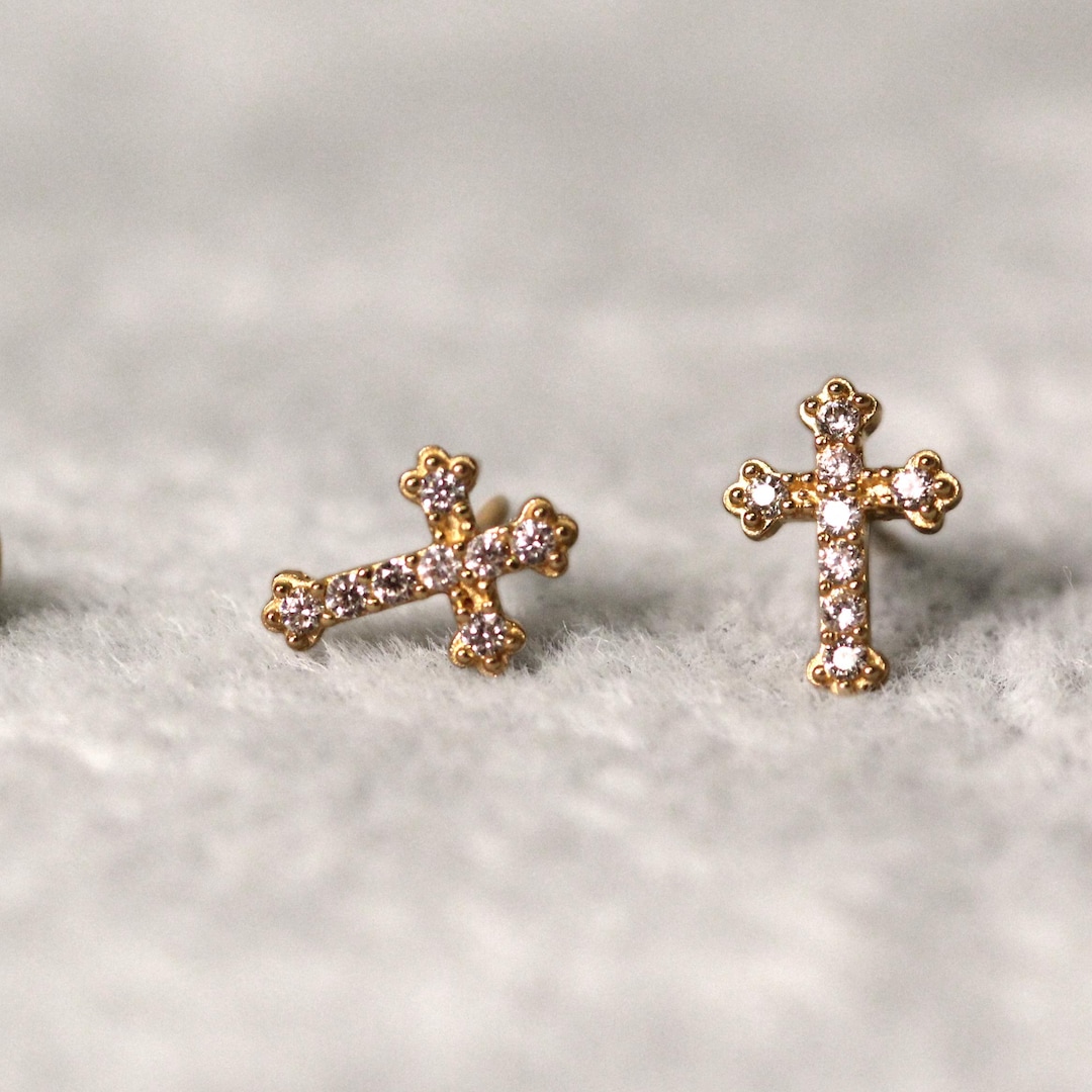 14k Diamond Cross Earrings / Gold Cross Stud Earrings / 14k Yellow Stud Earrings / 14k Rose ...