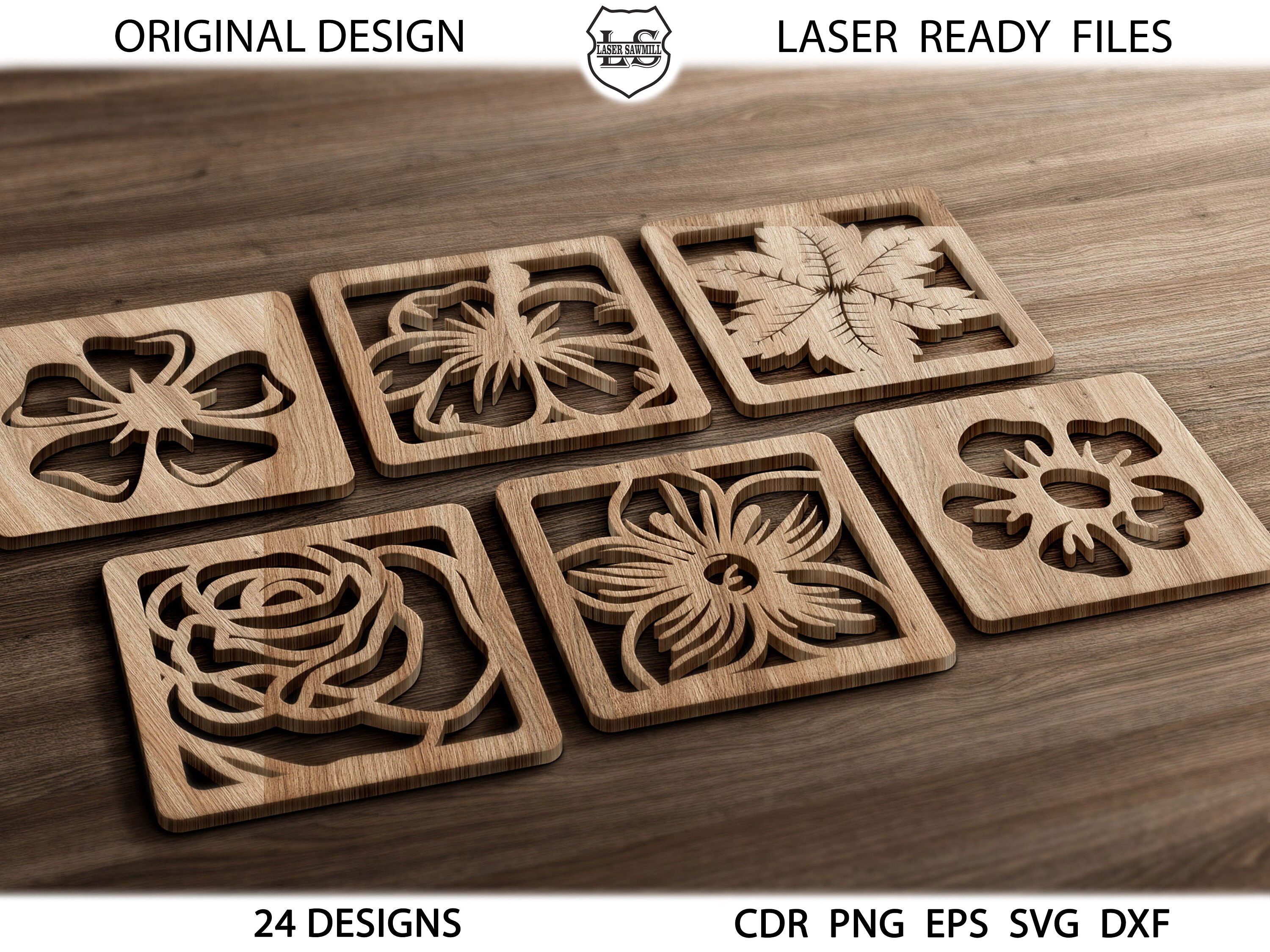 24 Square Flowers Coaster Dfx, Svg, Cdr, Eps, Laser Cut Coasters Square ...