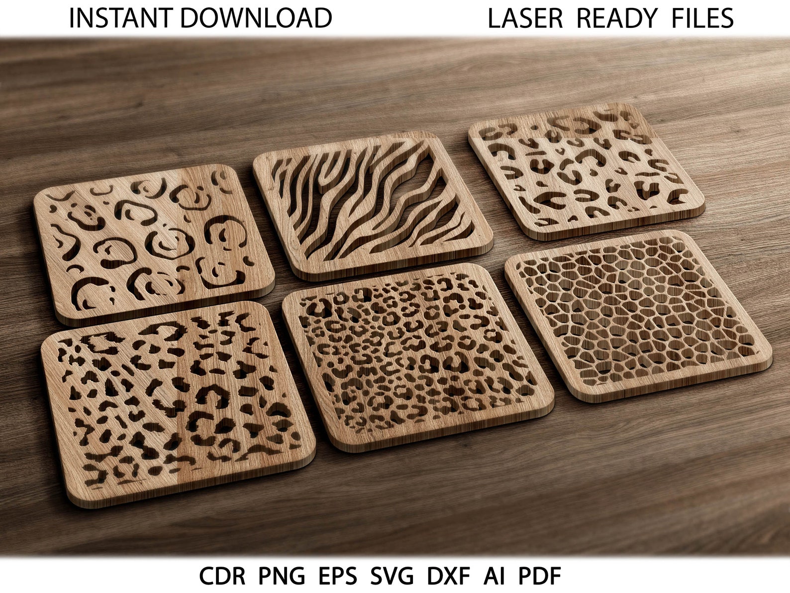 20 Animal Skin Coasters SVG, Square Animal Coasters SVG, Clowforge ...