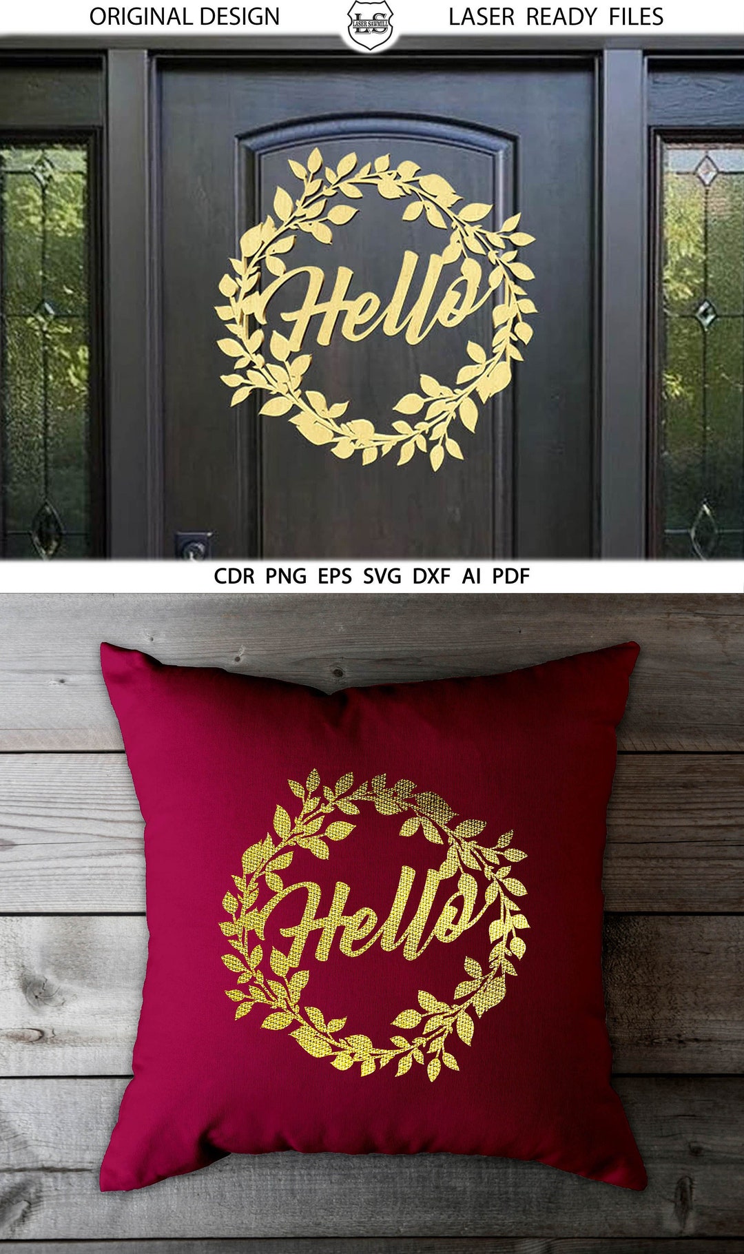 Hello Sign, Wreath Sign, Glowforge SVG, Door Hanger, Cut File, Instant ...