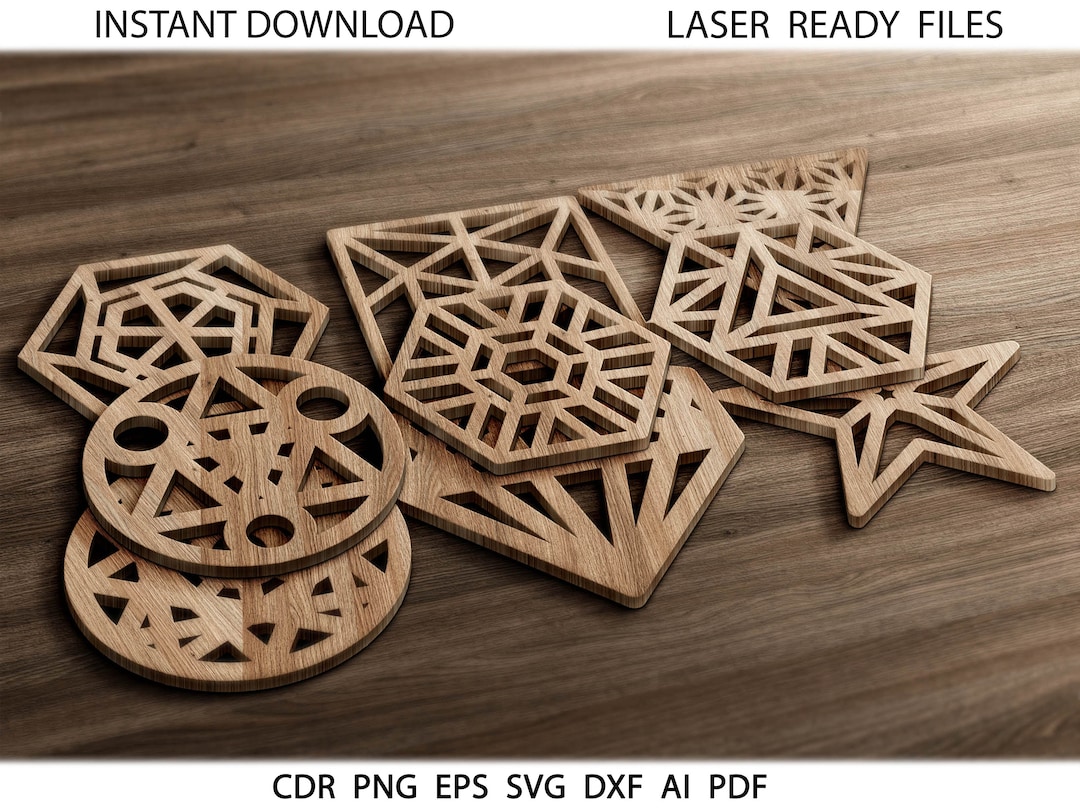 23 Geometric Wood Coaster, Laser Cut Files Set SVG Bundle, Glowforge ...