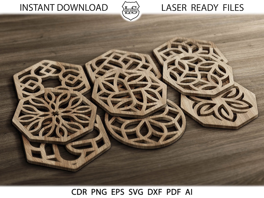 60 Geometric Coasters SVG, Hexagon Coasters DXF, Eps, Coasters for Hot ...