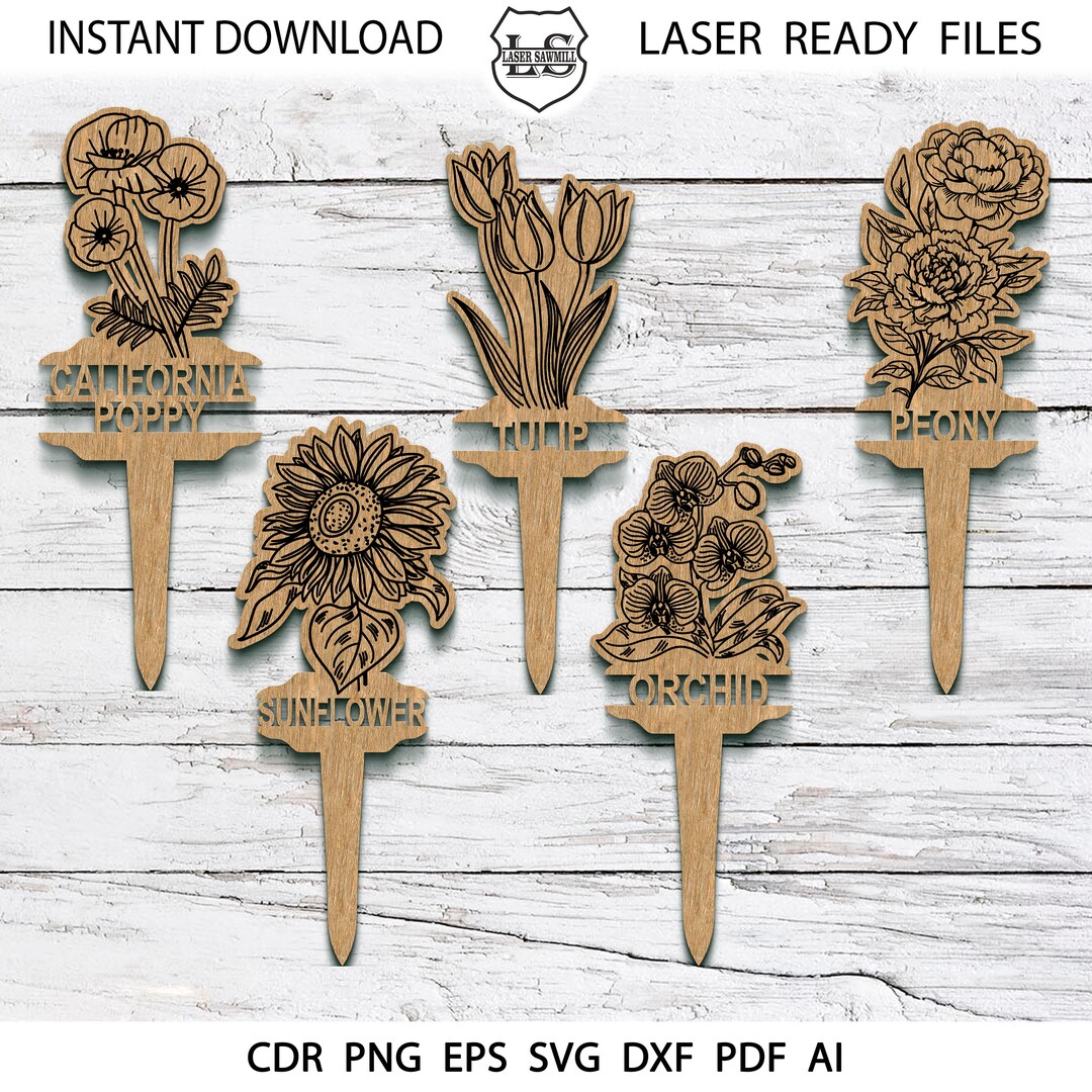SVG Flower Markers, SVG Laser Cut Files, Flower Garden Glowforge ...