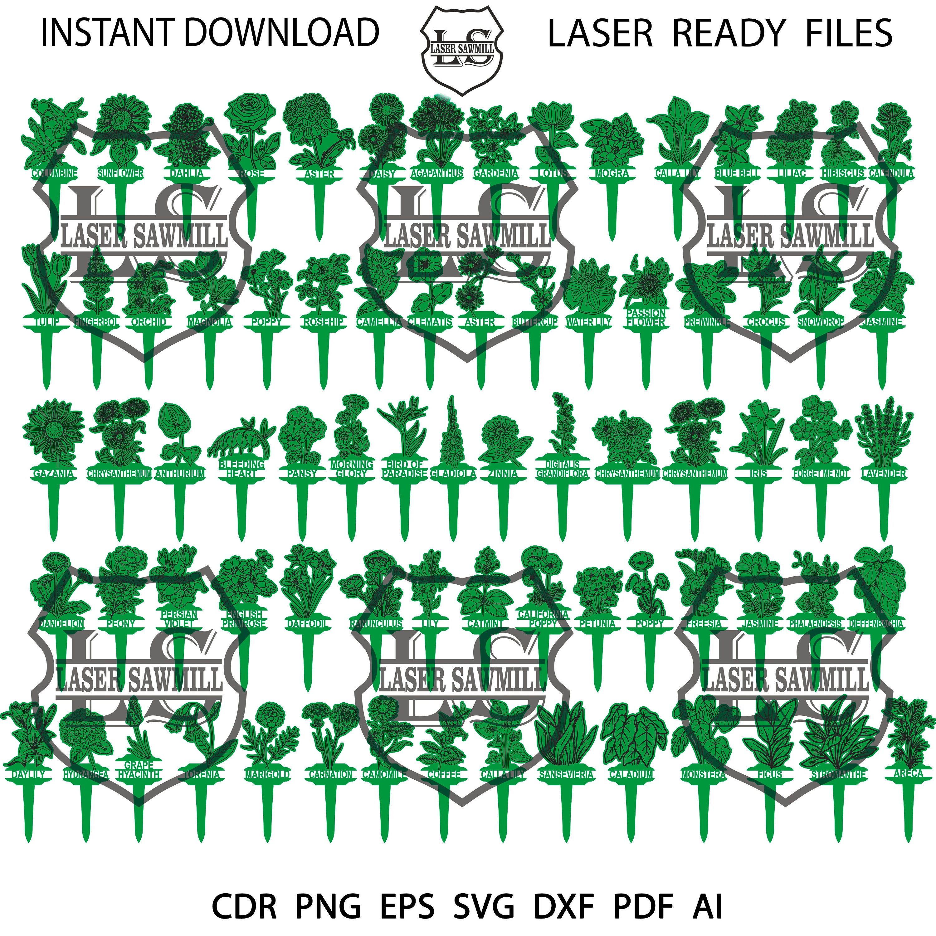 80 Garden Flower Markers SVG Stakes Laser Cut Files Glowforge Pattern ...