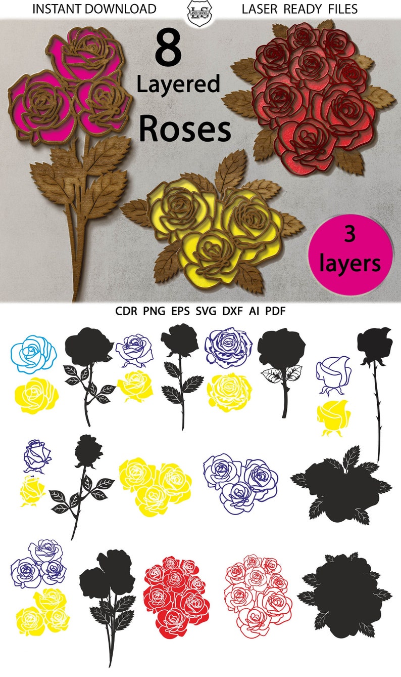 8 Layered Roses SVG Floral SVG Roses Laser Cut File - Etsy