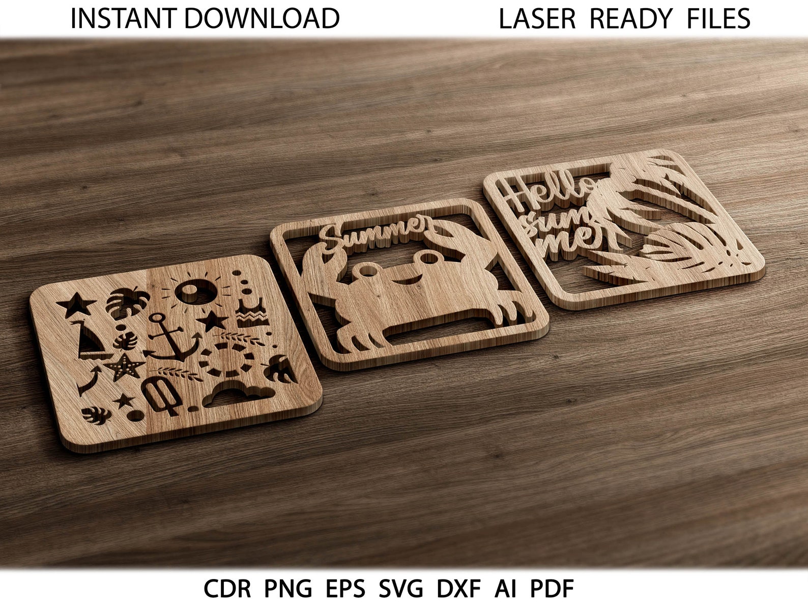 24 Summer Coasters, Glowforge Summer Trivets Coaster Laser Cut Files ...