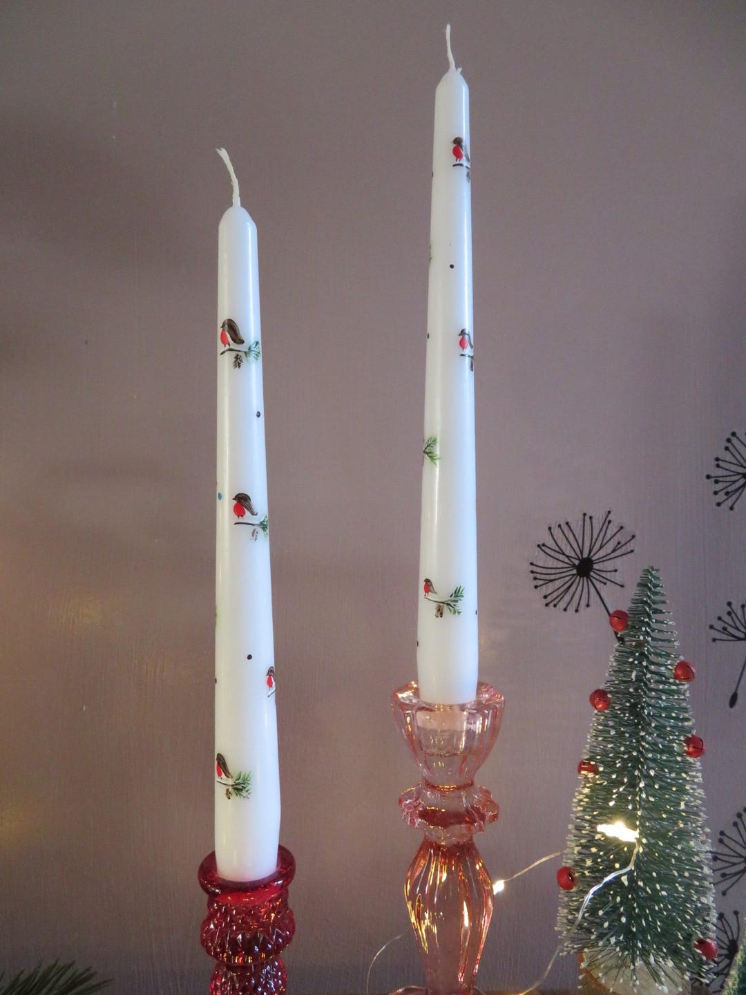 Christmas Robin Red Breast Candles Taper Candle Hand Painted Candle ...